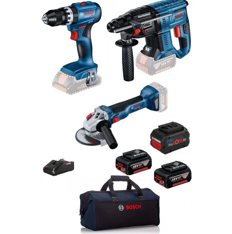 KIT 3 OUTILS GSB+GWS+GBH+2x5Ah+1 PC 5,5 Ah + GAL18V- 40 +SAC - 0615990 ...
